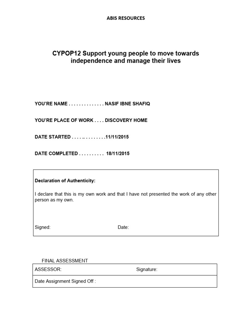 CYPOP12 Support Young People To Move Towards Independence and Manage ...