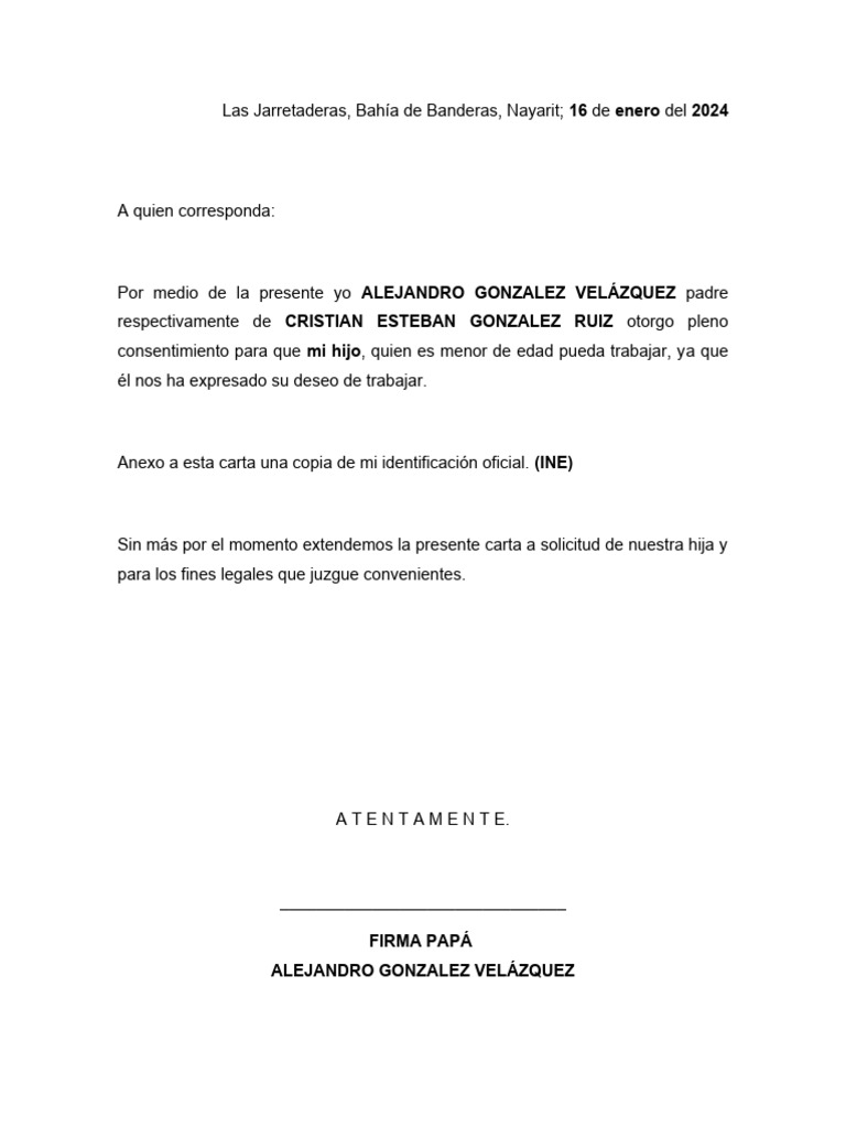 Carta Permiso para Trabajar Menor de Edad | PDF | Derecho
