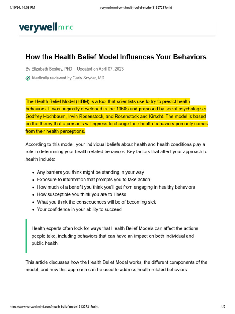 Health Belief Model 3132721 - Print | PDF | Self Efficacy | Health Care