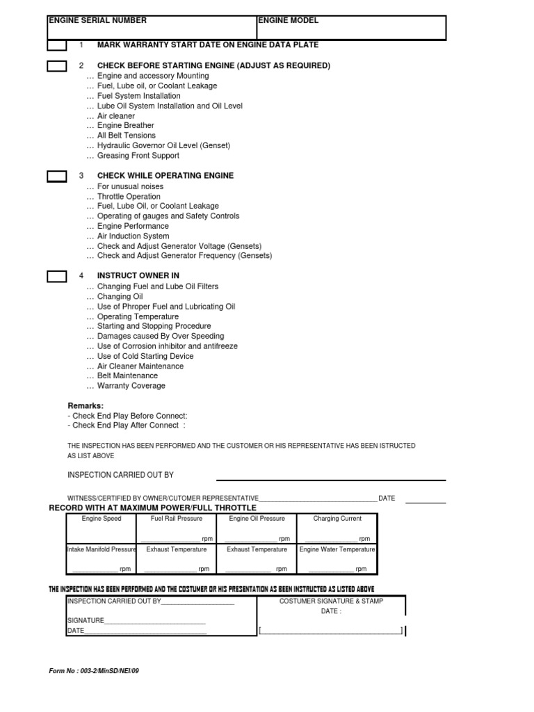 Engine Intallation and Test On Machine Form - MinSD2 | Download Free ...