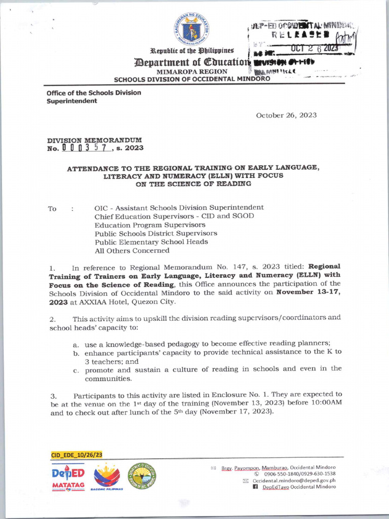 DM No. 357, S. 2023 Attendance To The Regional Training On Early ...