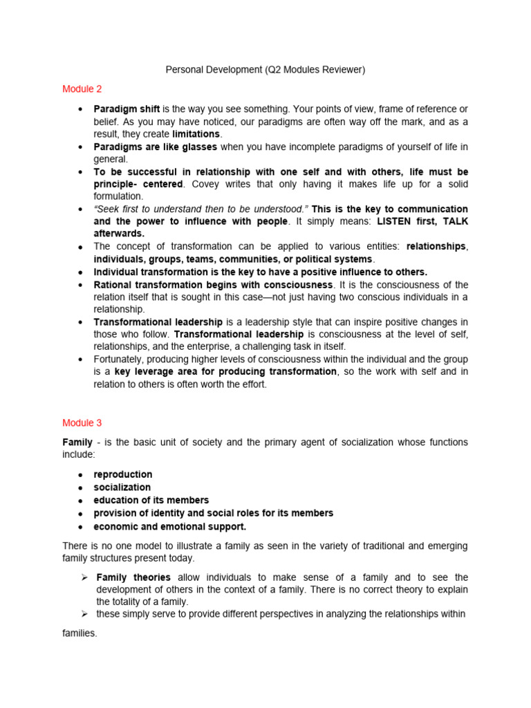 Personal Development Q2 Modules Reviewer | PDF | Family | Sympathy