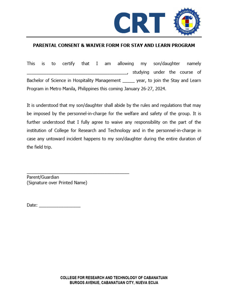 Parent Consent Waiver For Stay and Learn Program | PDF
