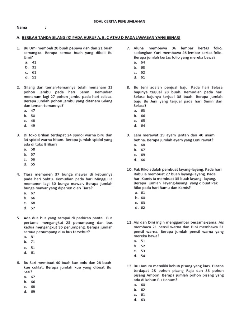 Soal Cerita Penjumlahan Kelas 2 SD - Level 3 Bilangan 20 - 40 | PDF