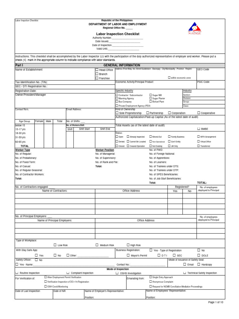DOLE Labor Inspection Checklist 2024 | PDF | Cost Of Living ...