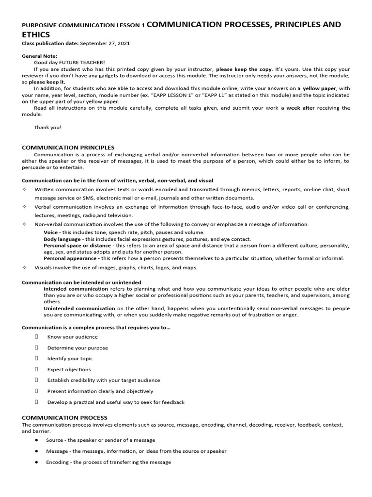 Purposive Communication Lesson 1 Communication Processes, Principles and Ethics | PDF ...