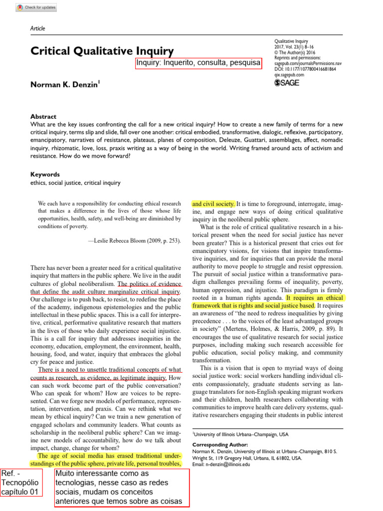 Critical Qualitative Inquiry - Norman K. Denzin | PDF | Qualitative Research | Ethnography