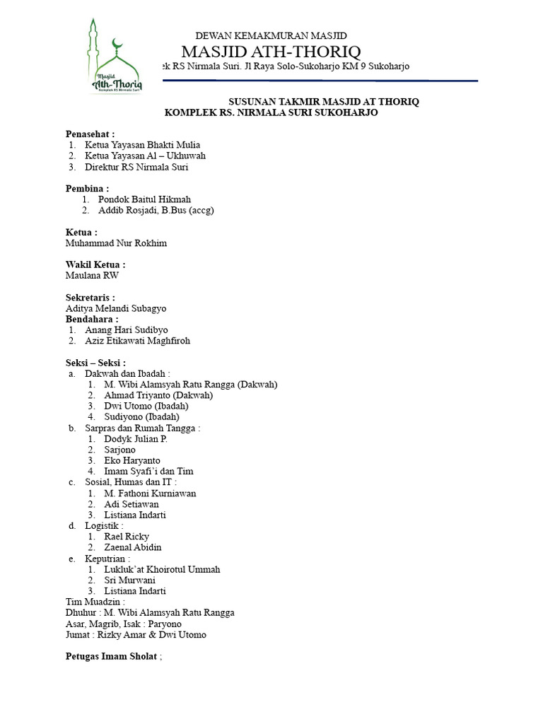 Struktur Takmir Masjid Ath-Thoriq Sukoharjo | PDF