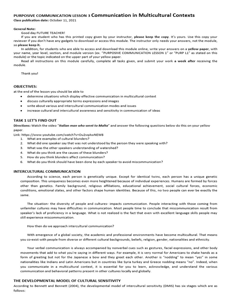Purposive Communication Lesson 3 Communication Multicultural Contexts ... Purposive Communication Lesson 3 Communication Multicultural Contexts ...
