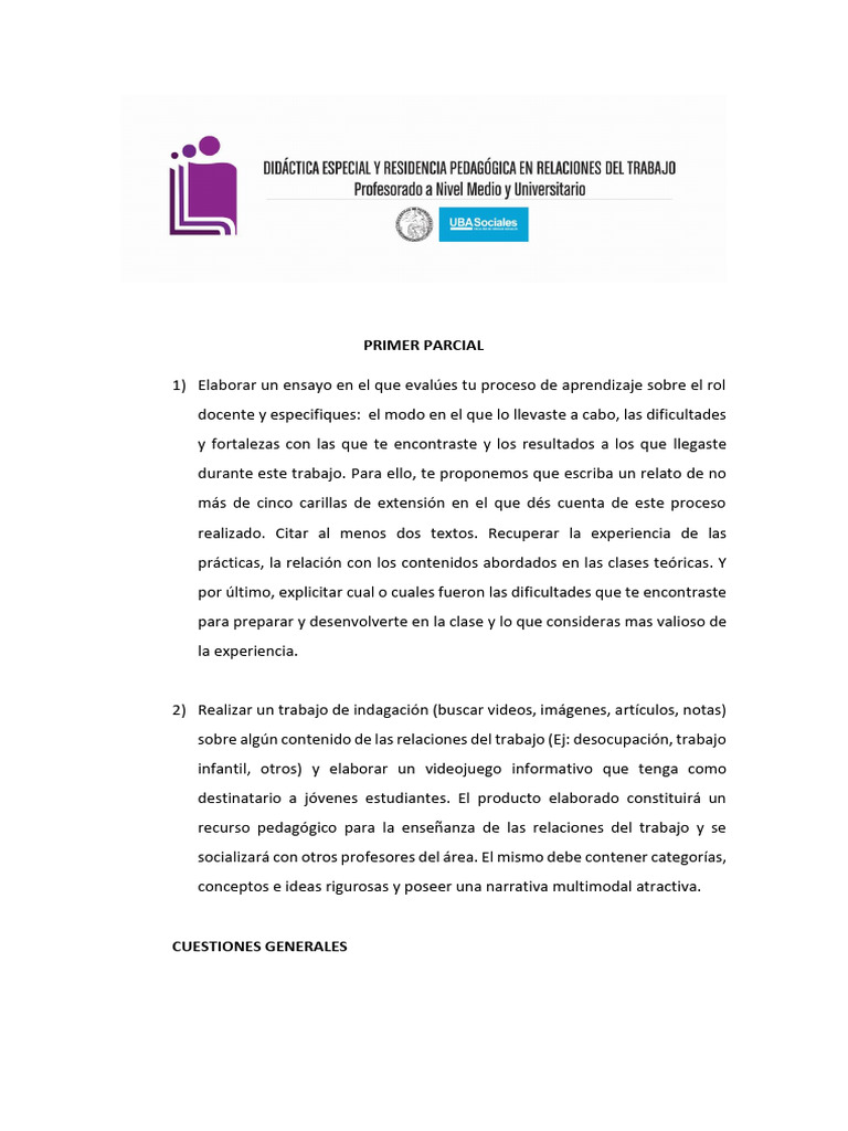 Consigna Primer Parcial 2023 FINAL | PDF | Experiencia | Evaluación