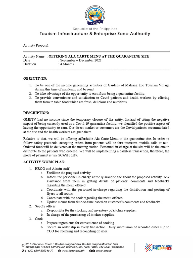 Activity Proposal 2021 - OFFERING ALA CARTE MENU | PDF | Menu | Cuisine