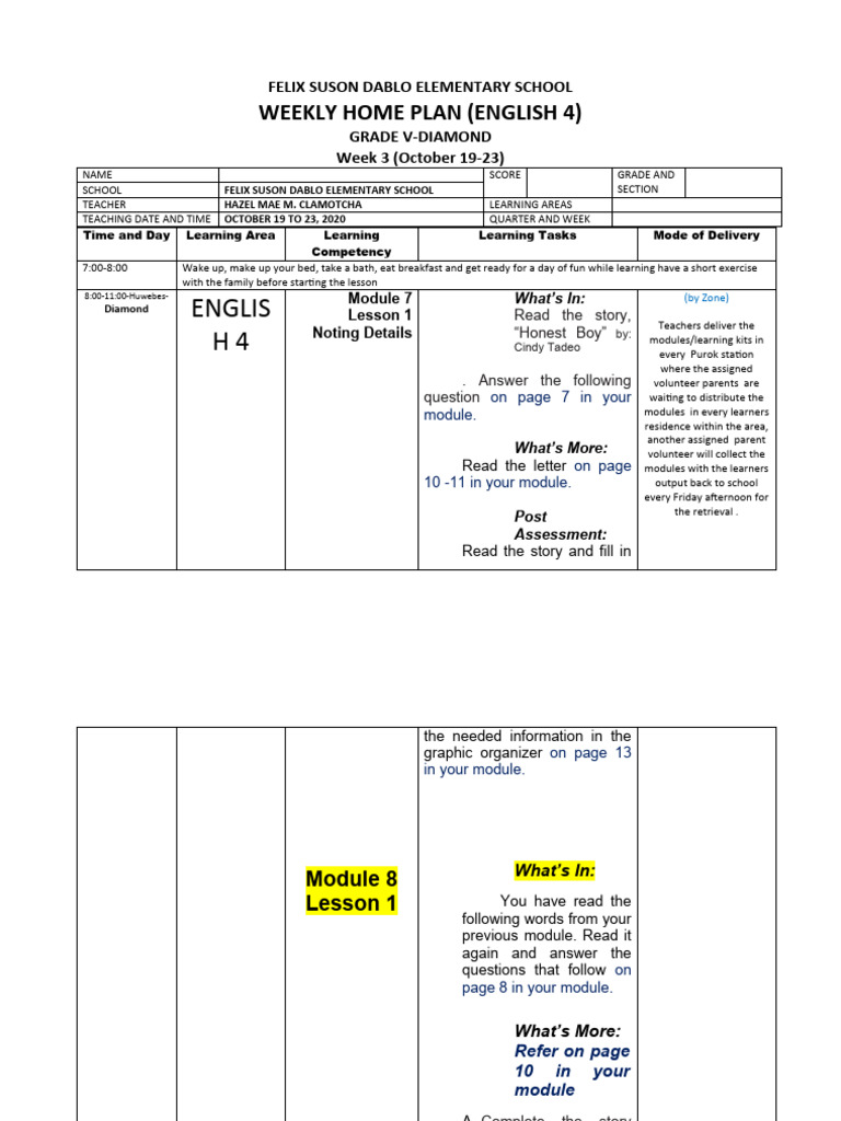 3rd Weekly Home Plan English4 Hasel | PDF | Education Theory | Learning