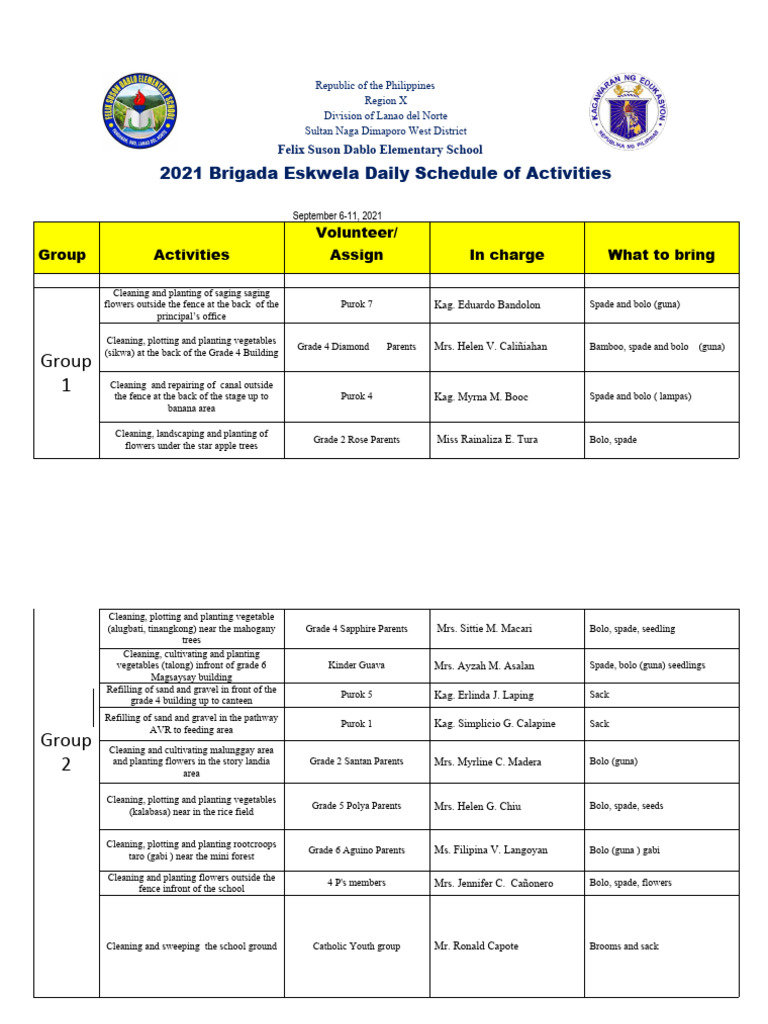 2021 Brigada Eskwela Daily Schedule of Activities | PDF | Plants | Botany