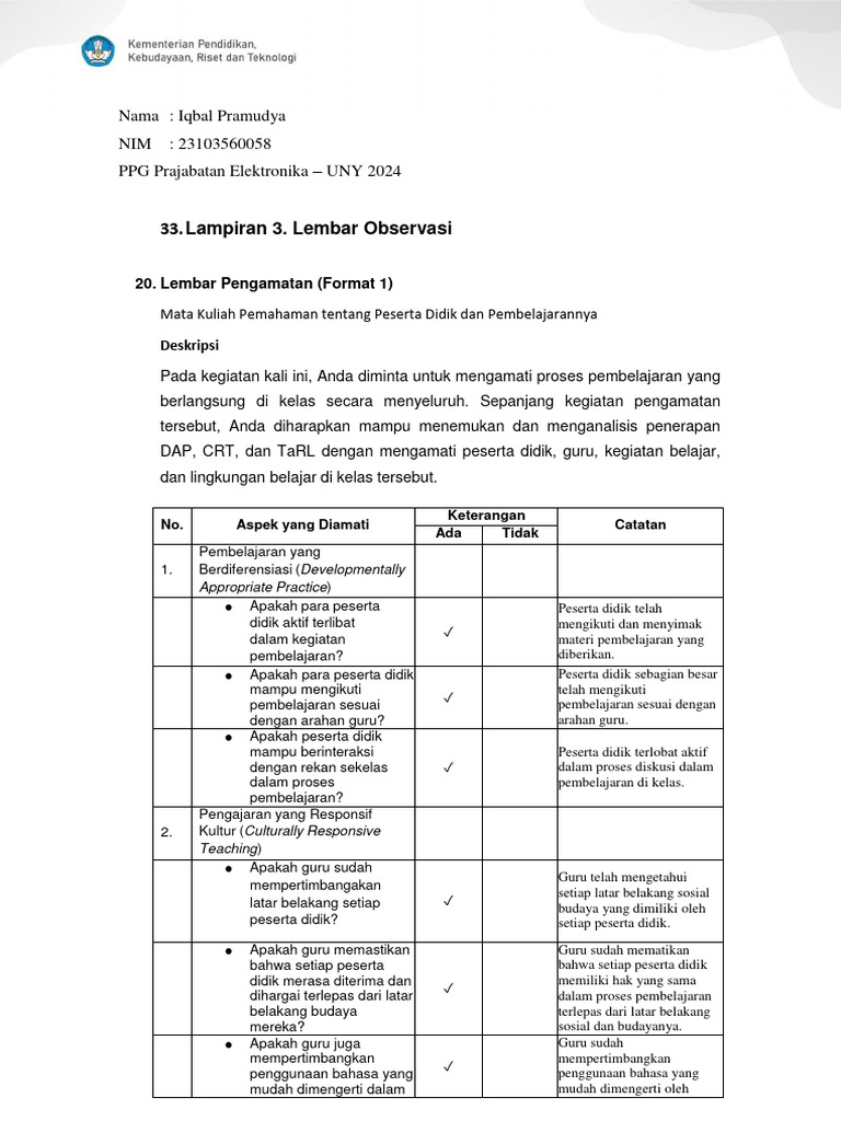 01.02.3-T1-6 Elaborasi Pemahaman - Lembar Pengamatan | PDF
