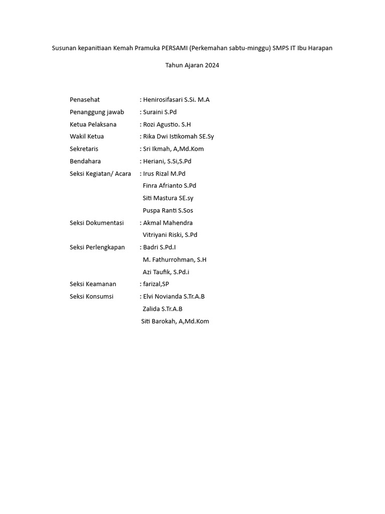 Susunan Kepanitiaan PERSAMI | PDF