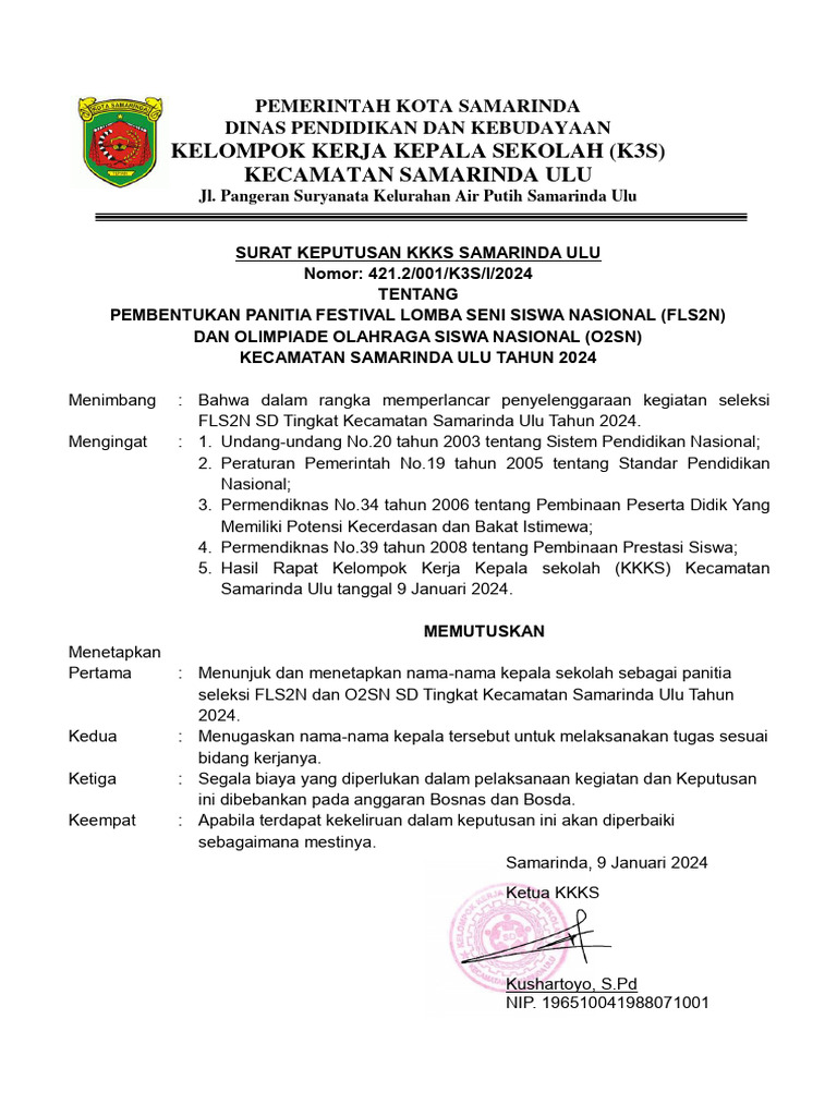 SK Panitia FLS2N dan O2SN 2024 | PDF