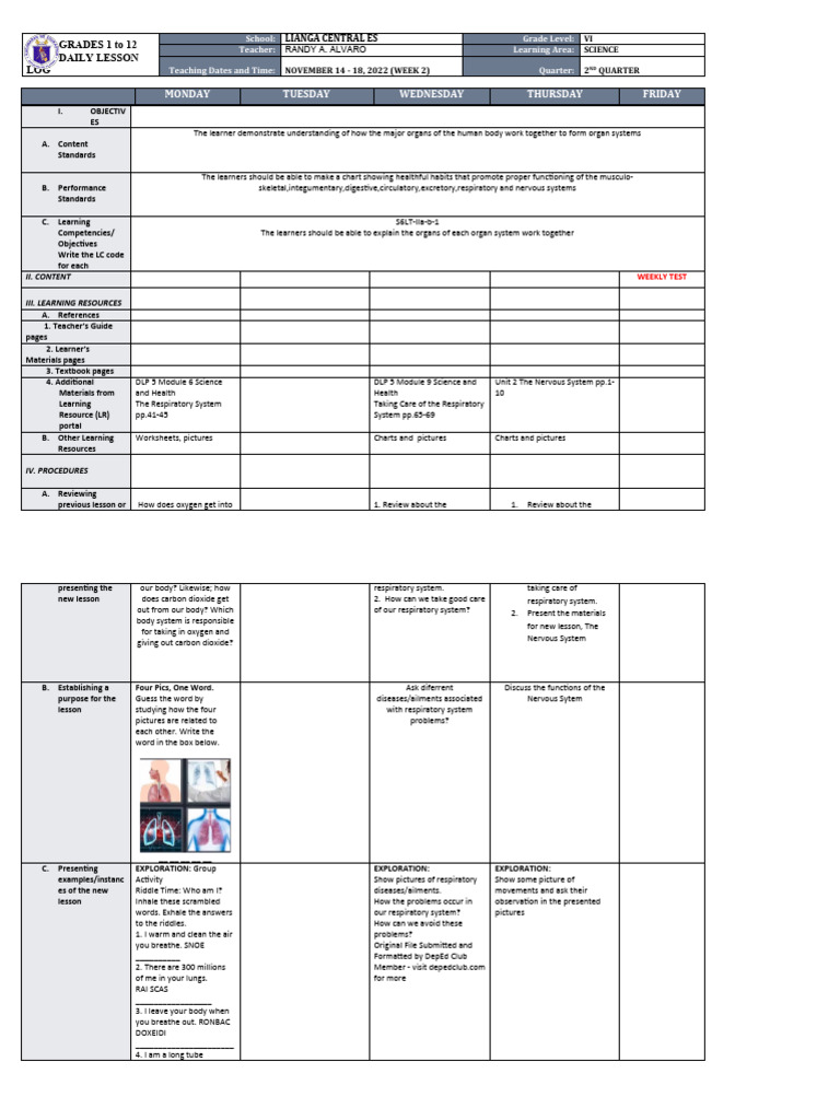 DLL - Science 6 - Q2 - W2 | PDF | Respiratory Tract | Lung