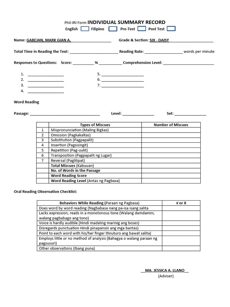 Individual Reading Profile Summary | PDF