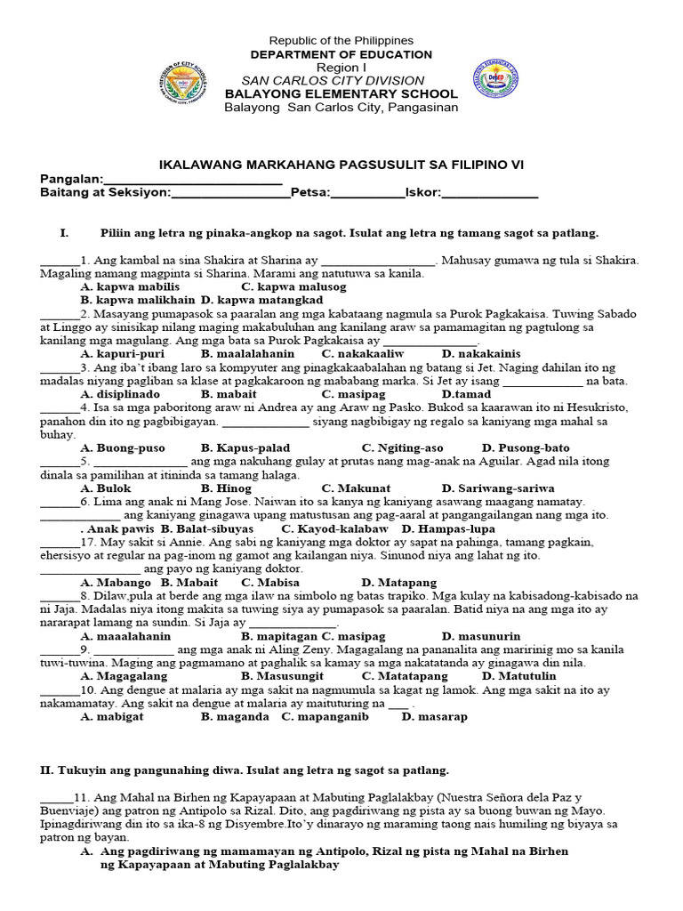 Filipino 6 - Q2 Periodical Exam | PDF
