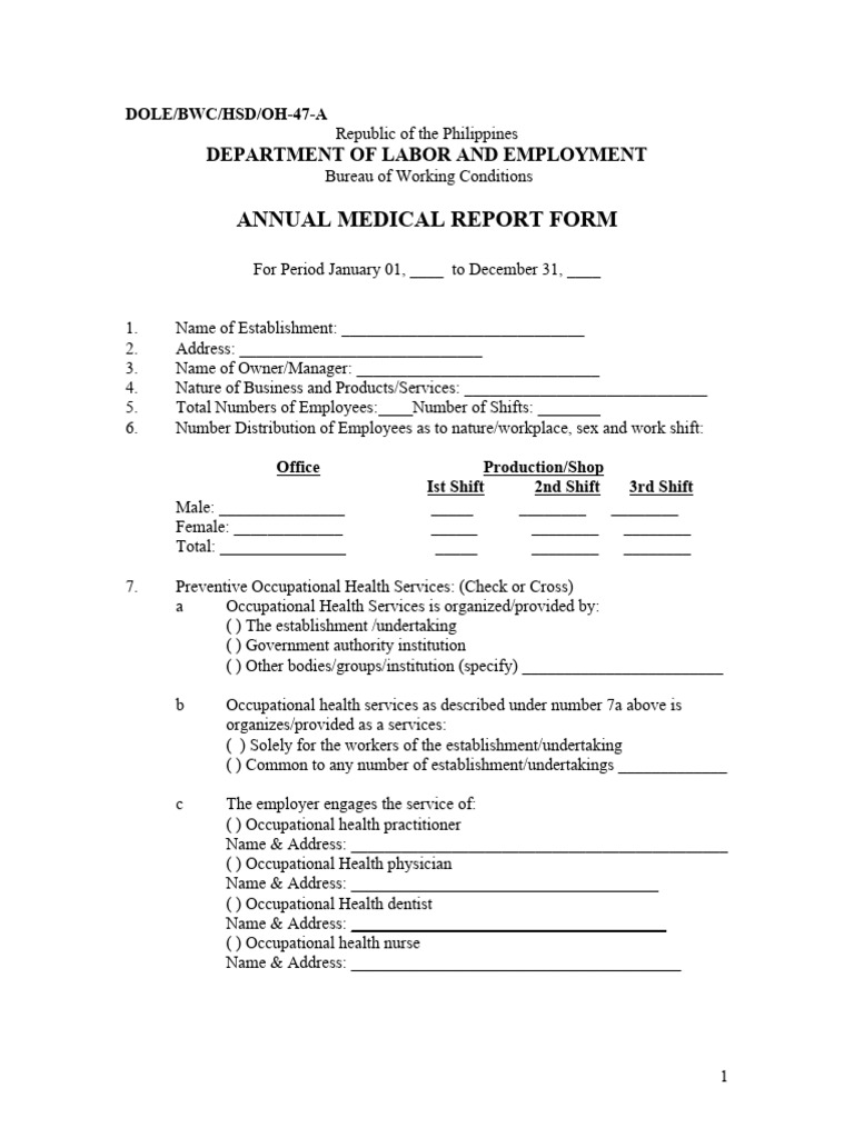 Annual Medical Report Form DOLE-BWC | PDF