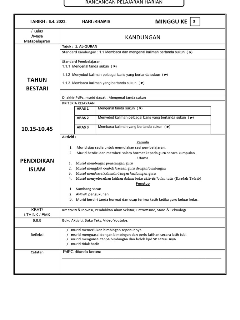 RPH PK Tahun 5 Minggu 3 Al-Quran | PDF