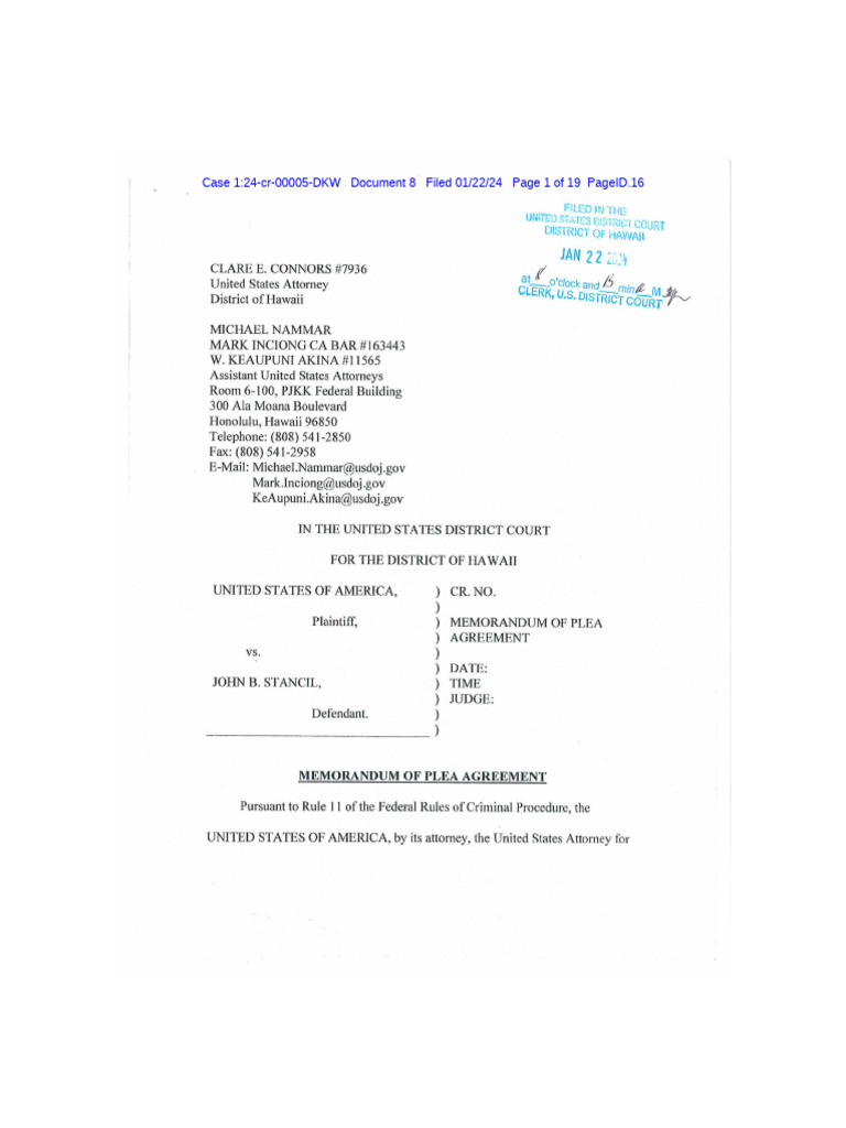 Memorandum of Plea Agreement - U.S. v. John B. Stancil | PDF | Plea ...