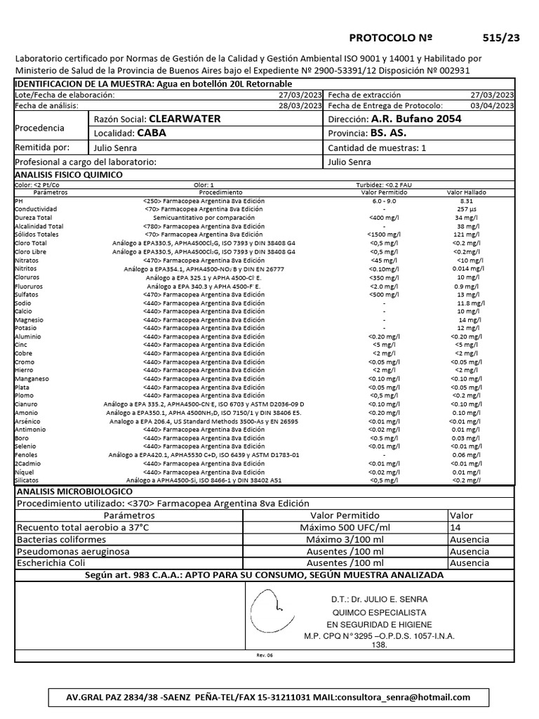 Protocolo Clear Water 1 Hoja-6 | PDF | Microbiología | Las bacterias