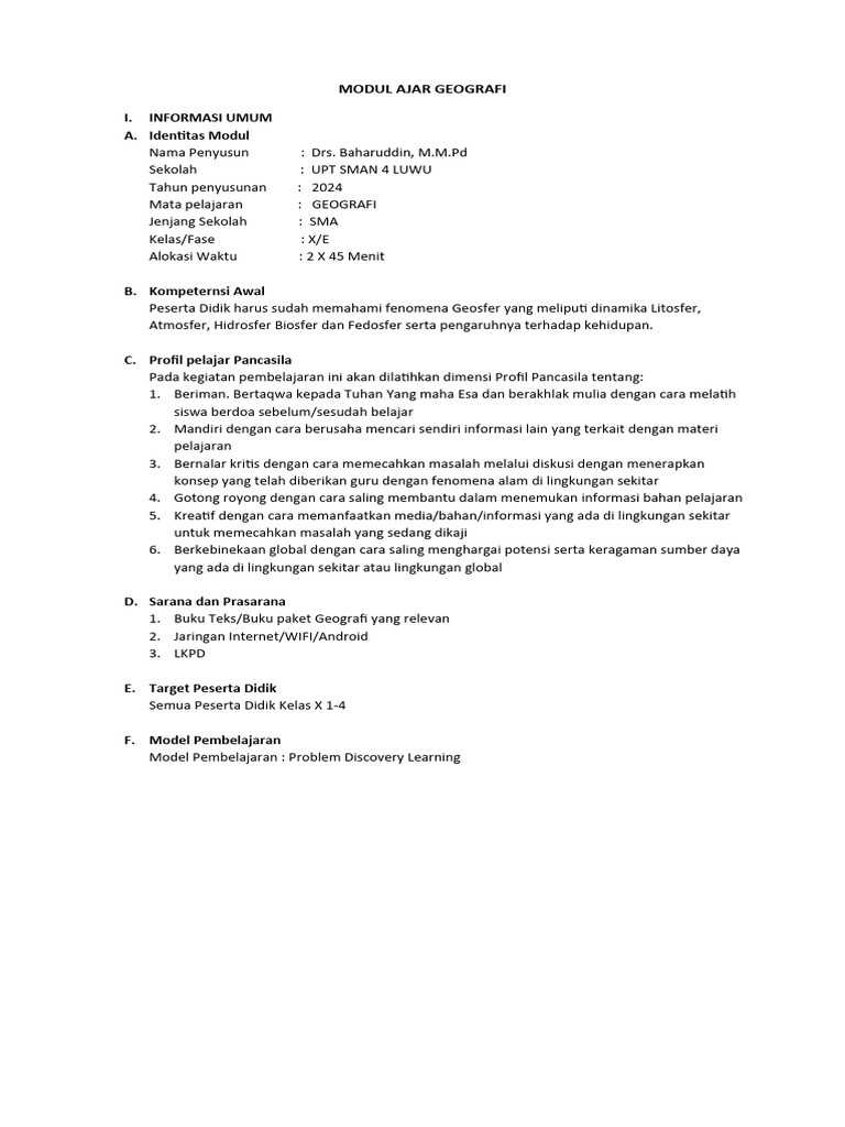 MODUL AJAR GEOGRAFI Pertemua Kedua Kls X SMTR Genap TP 2023-2024 | PDF