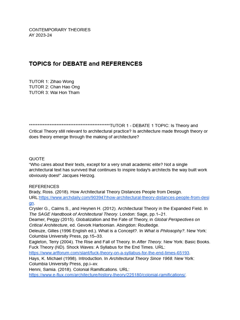 2023-24 - Nus - Contemporary Theories - List of Topics For Debate | PDF | Posthuman
