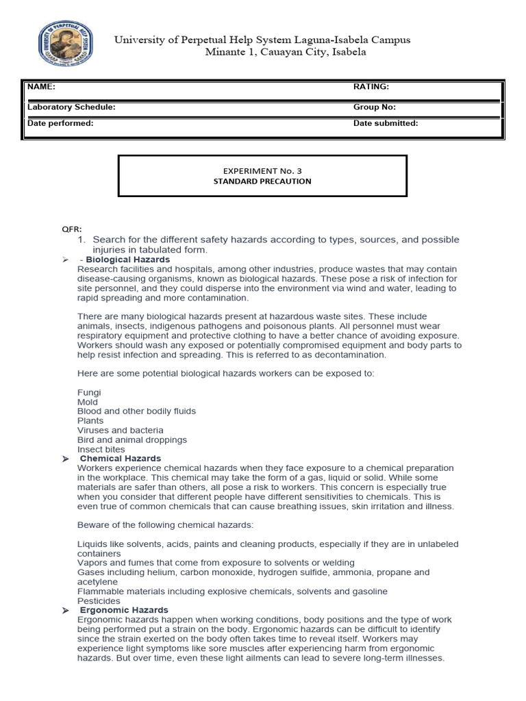 Experiment 3 Standard Precaution | PDF | Hazards | Personal Protective ...