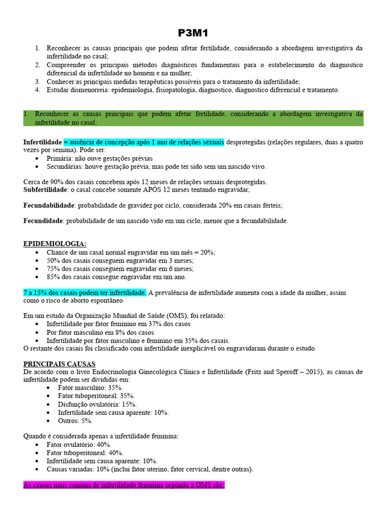 P3M1 - Fertilidade e Dismenorreia | PDF | Gravidez | Menstruação