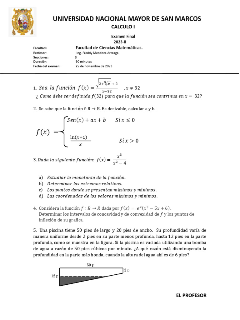 Examenfinal Calculo I FCM 2023 II | PDF