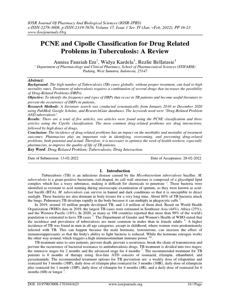 PCNE and Cipolle Classification For Drug Related Problems in Tuberculosis: A Review | PDF ...