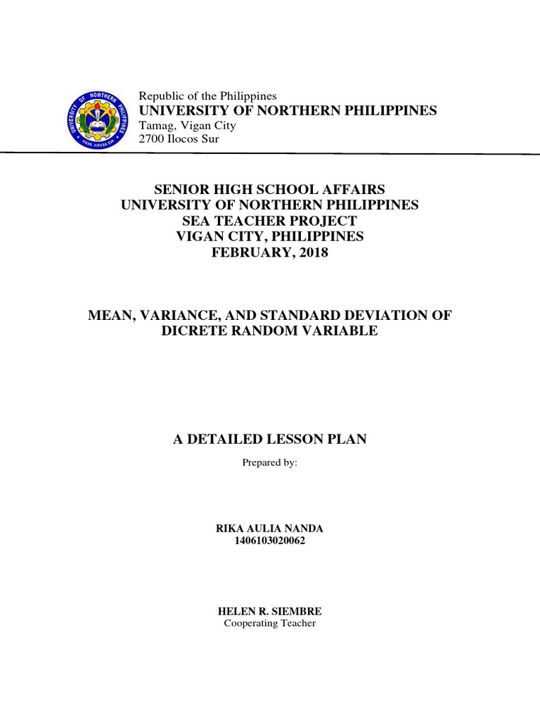 Detail Lesson Plan Mean Variance And Sd Of Discrete Random Variable Pdf