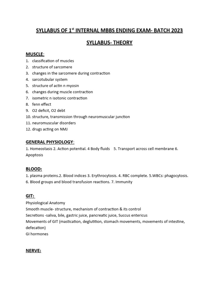 Syllabus of 1st Internal Exam MBBS 2023 | PDF | Muscle Contraction | Lung