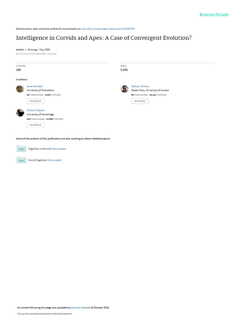 Intelligence in Corvids and Apes A Case of Converg | PDF | Evolution ...