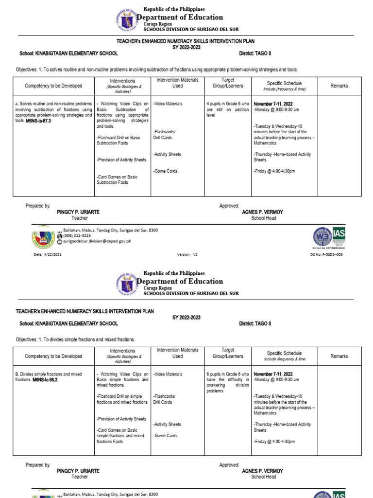 Literacy and Numeracy Skill Interven Plan Adjusted | PDF | Human ...