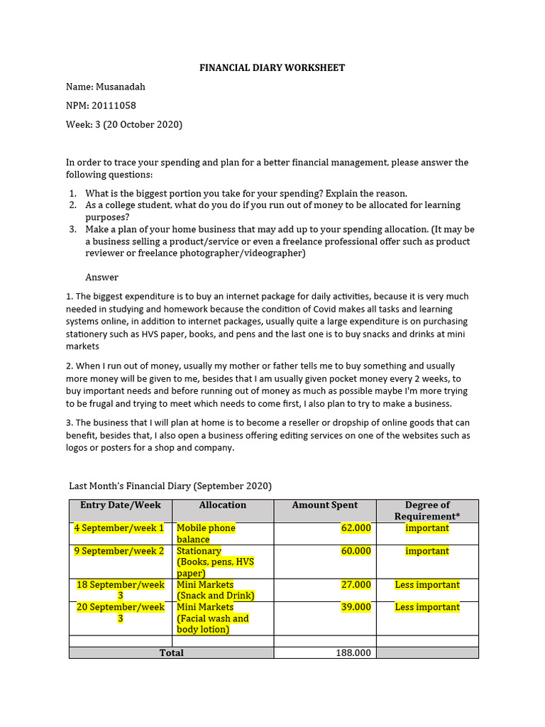Financial Diary Worksheet | PDF | Social Media | Popular Culture ...
