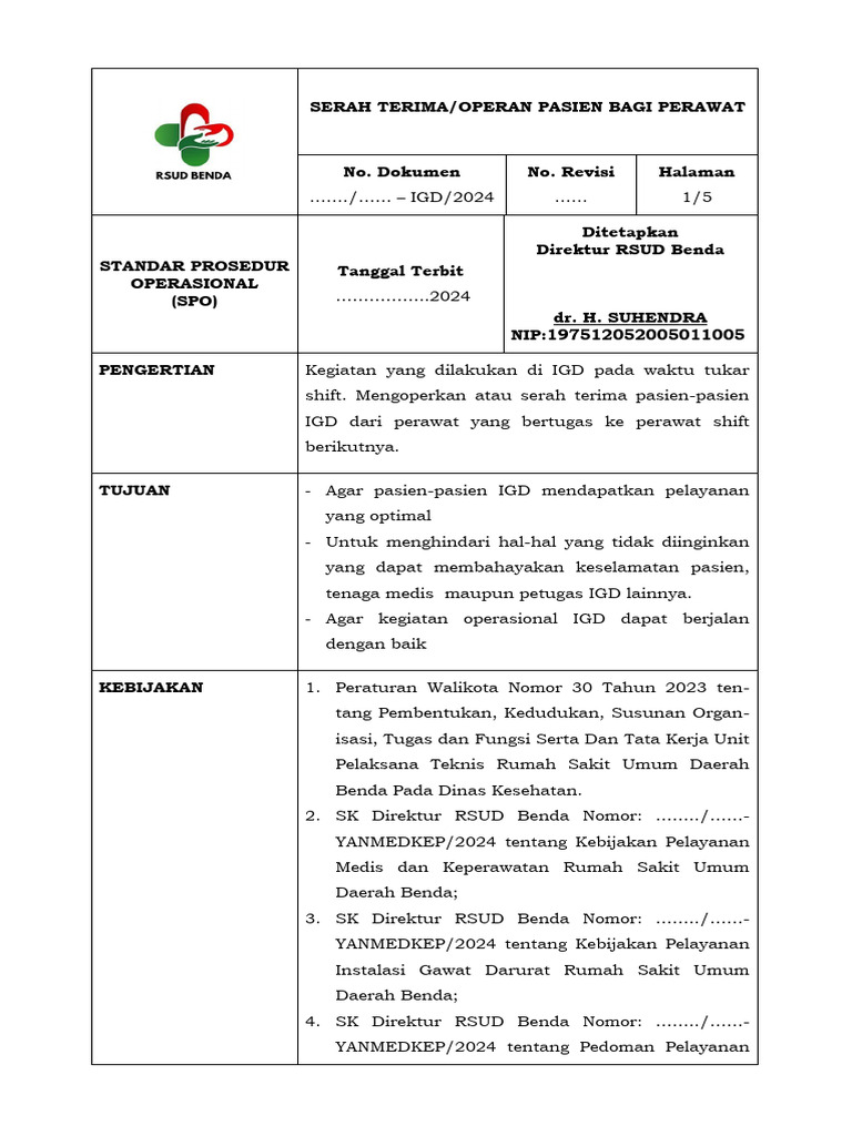 SPO Serah Terima Operan Pasien Bagi Perawat BENDA | PDF