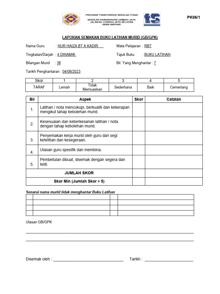 Laporan Semakan Buku Latihan Murid | PDF