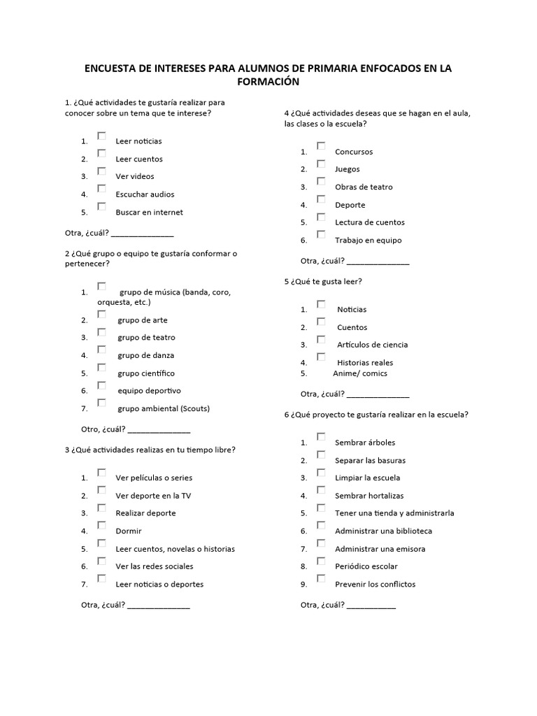Encuesta de Intereses para Alumnos de Primaria Enfocados en La ...