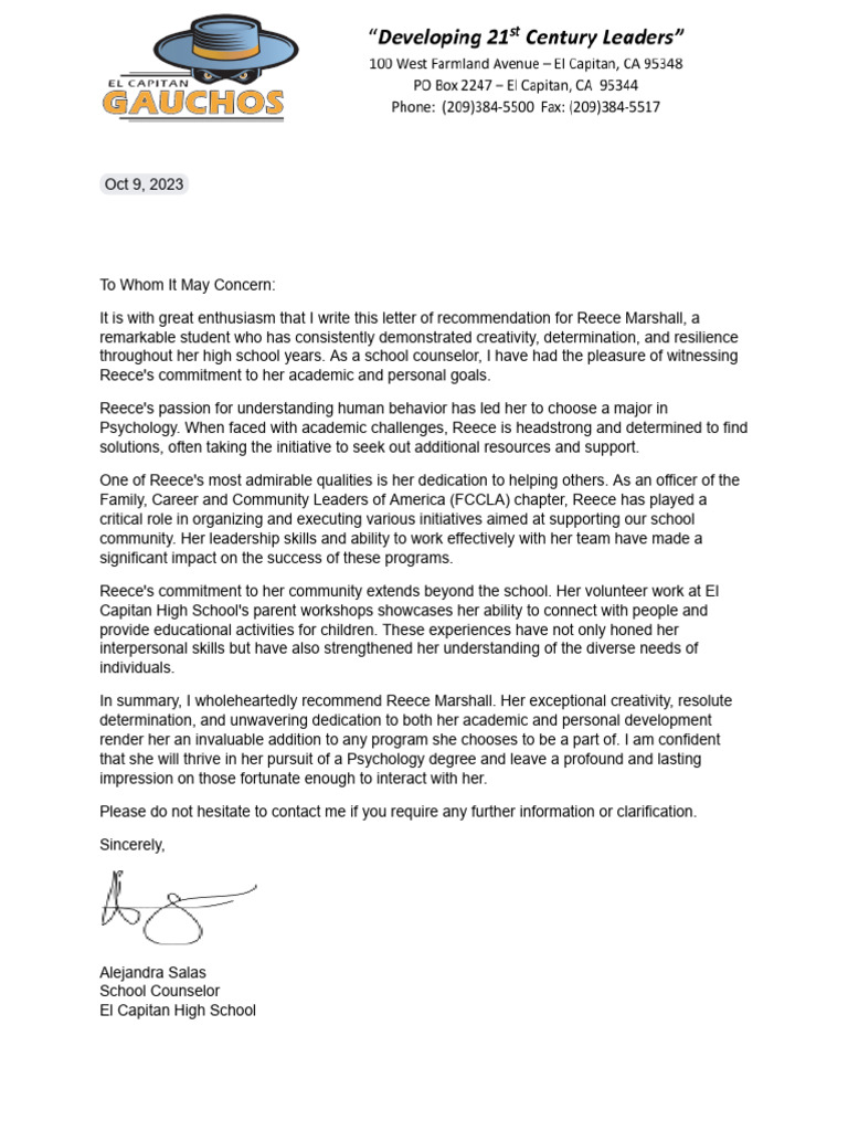 Reece Marshall Letter of Rec | PDF