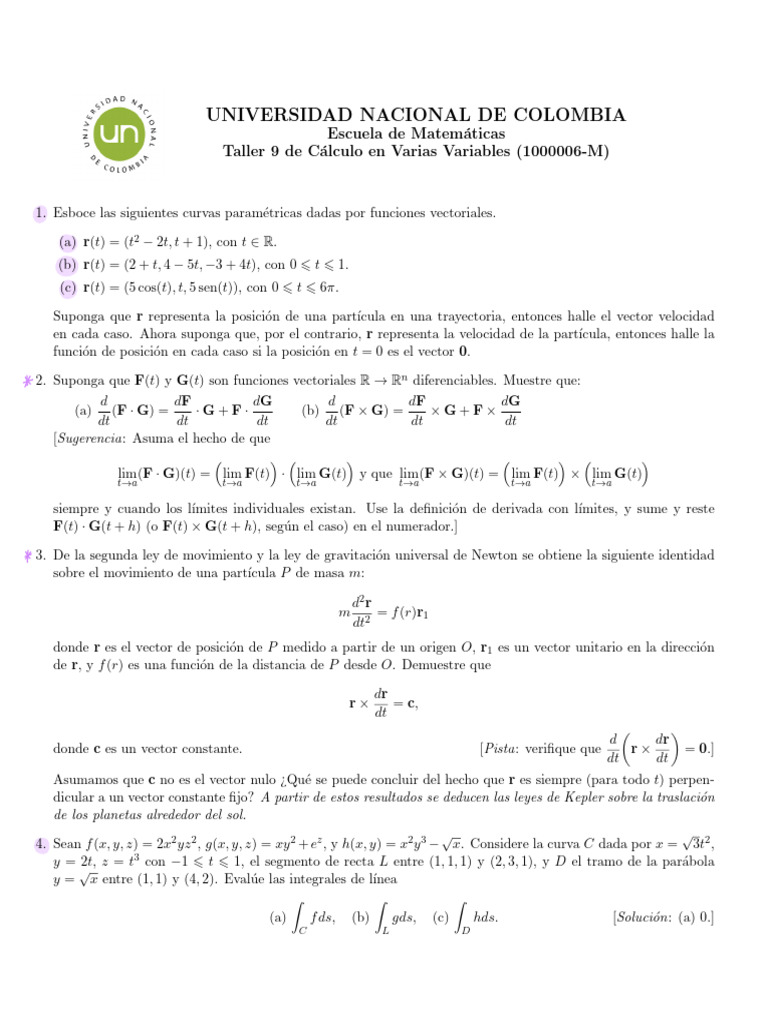 Taller 09 Varias Variables | PDF | Vector Euclidiano | Matemáticas