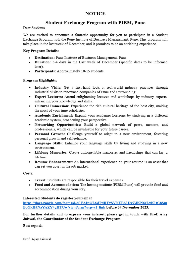 Student Exchange Program Information Notice | PDF
