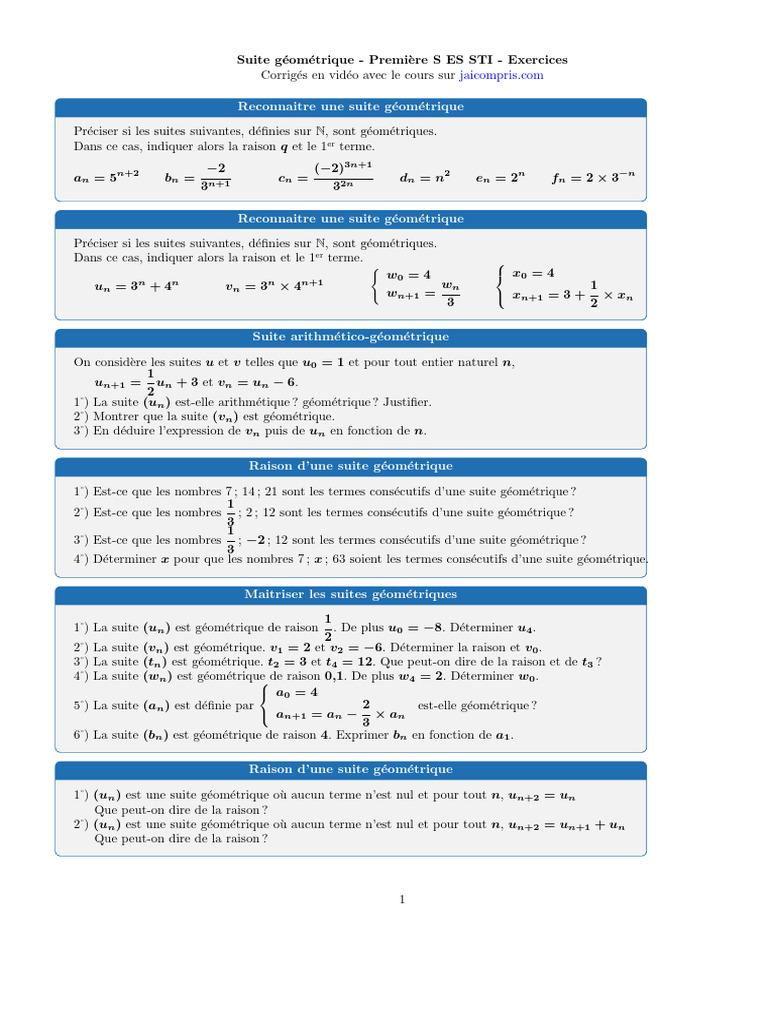 Exercices sur les suites géométriques | PDF | Mathématiques | Concepts ...