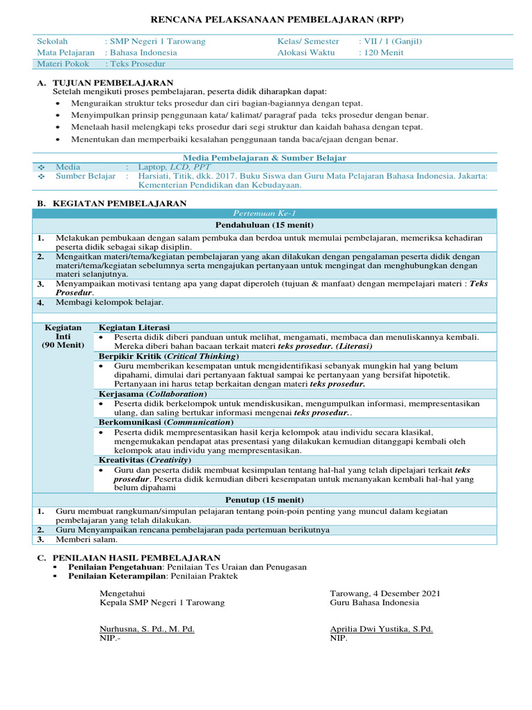 RPP Teks Prosedur Kelas Vii Bahasa Indonesia | PDF