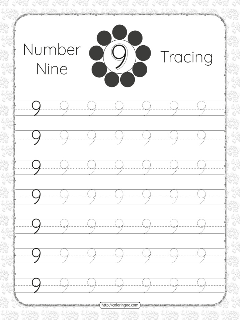 Printable Dotted Number 9 Tracing PDF Worksheet | PDF