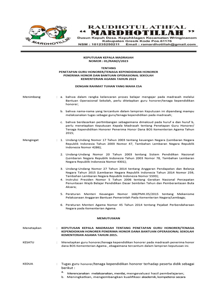 SK Penetapan Honor Guru Honorer 2023 | PDF