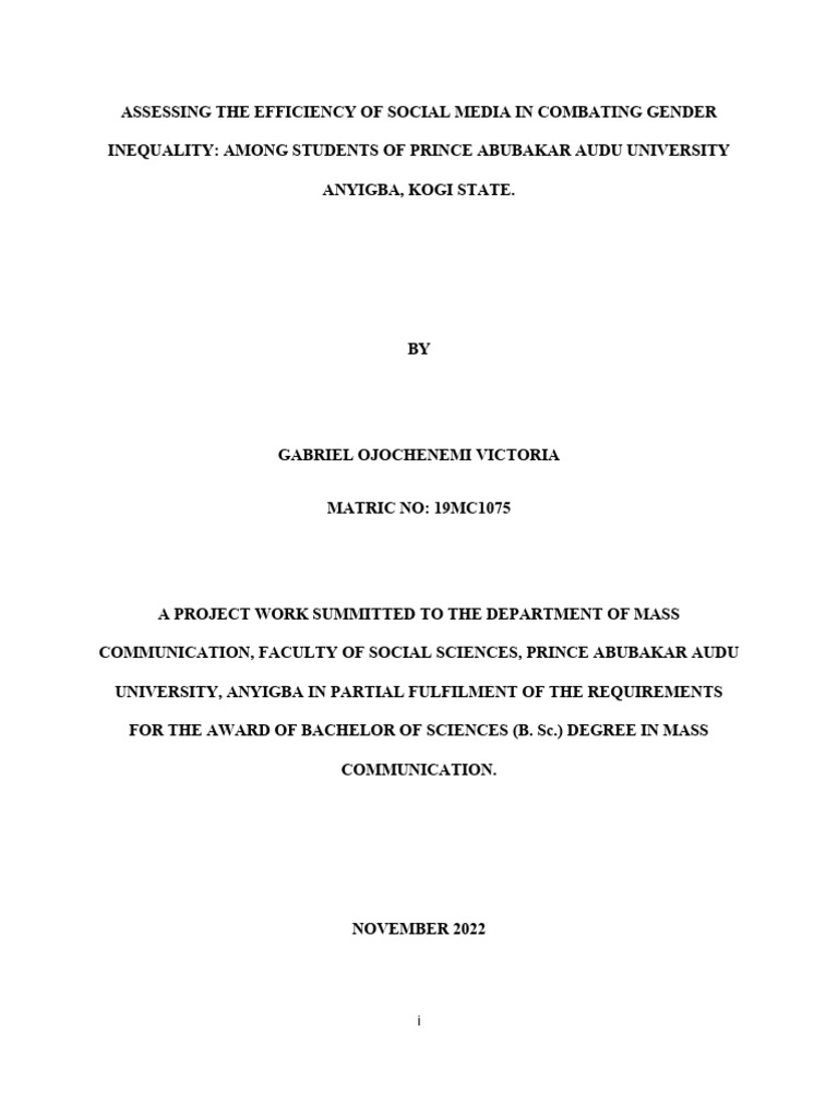 GABRIEL OJOCHENEMI VICTORIA PROJECT 19MC1075 | PDF | Gender Studies | Gender