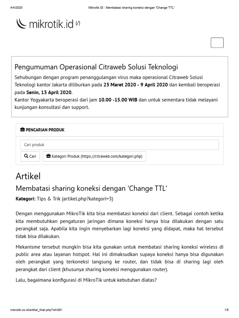 Mikrotik - ID - Membatasi Sharing Koneksi Dengan 'Change TTL' | PDF